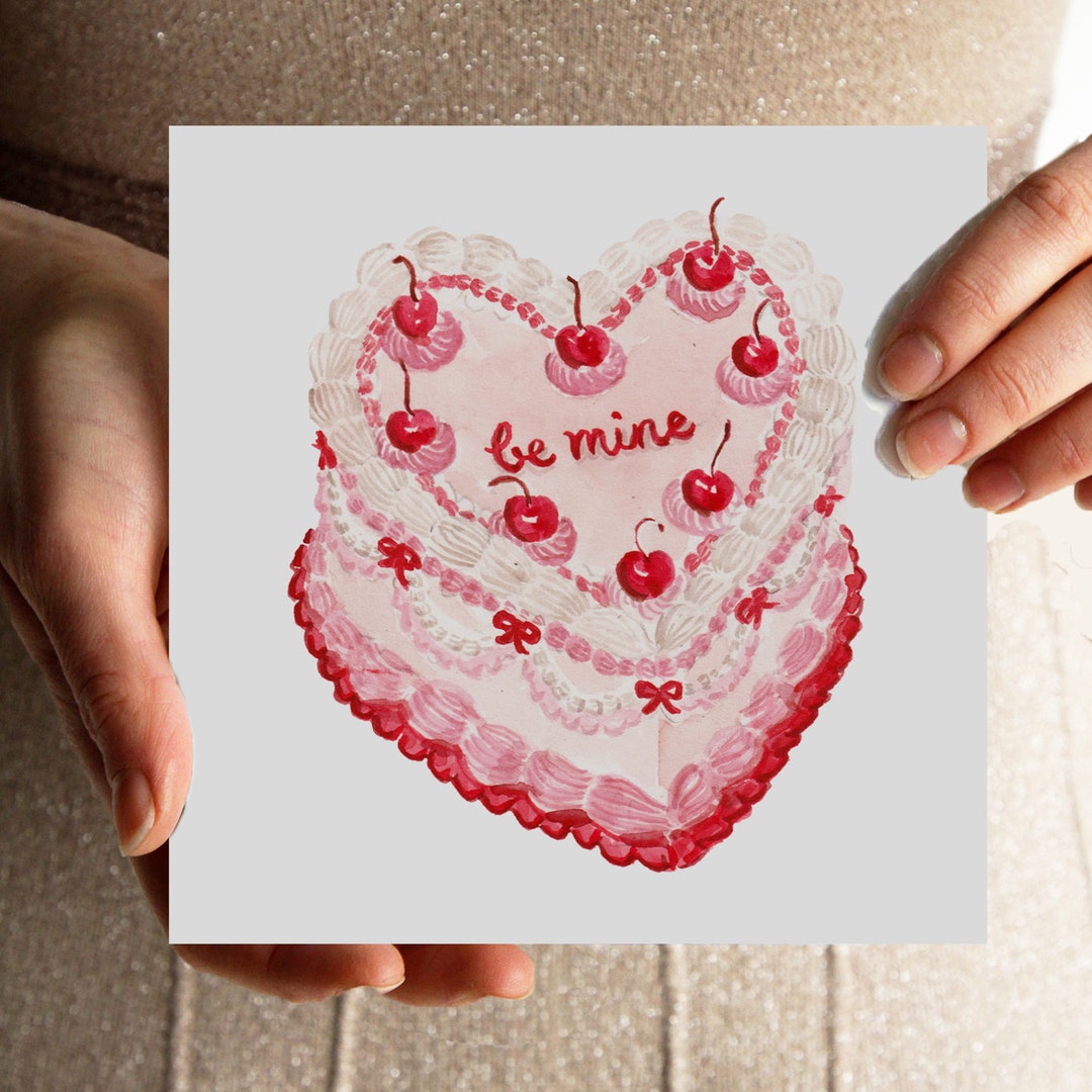 Heart Cake Greeting Card - Be Mine Card, Buttercream Cake Card ...