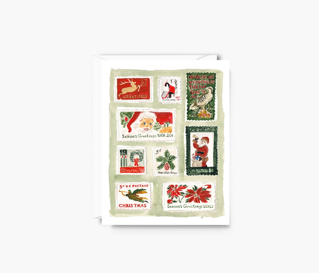 Christmas Card - Vintage Postage Stamps Greeting Card, Holiday Stamps ...