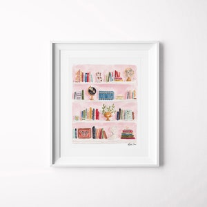 Art Print - Classic Books Library Shelves, Pink Books Watercolor ...