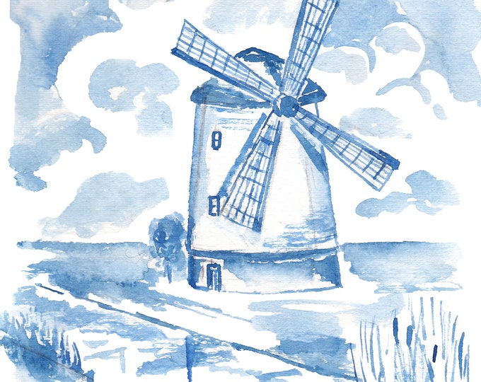 Blue Windmill Art Print - Watercolor Windmill, Blue Illustration, Delft ...