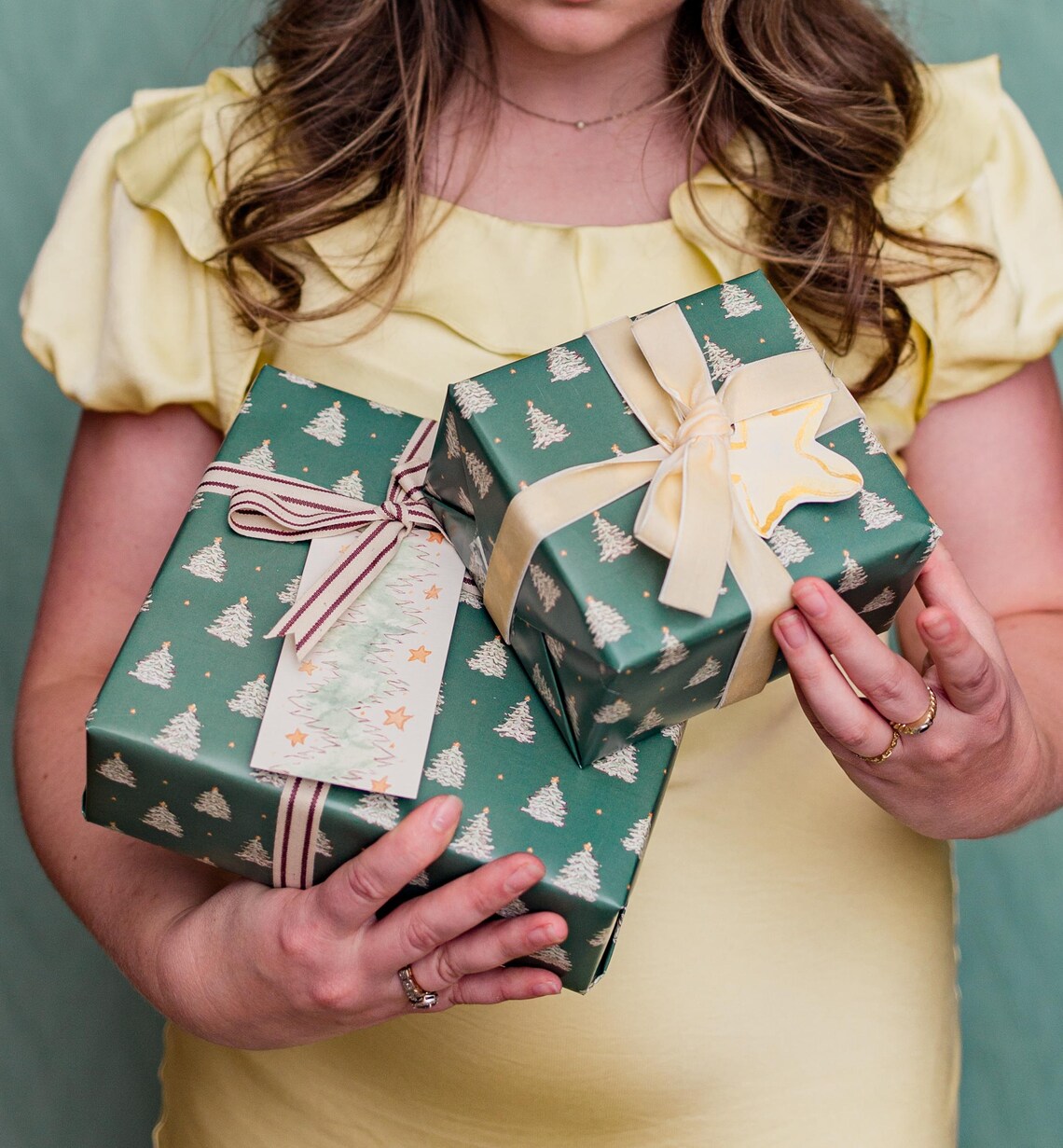 Christmas Wrapping Paper Sheets - Pine Tree Block Print, Stars Block ...