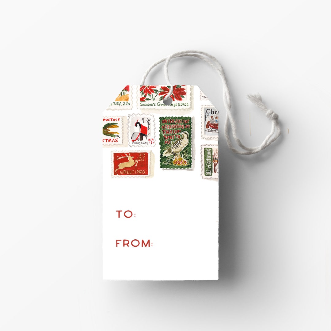 Jumbo Gift Tags With String - Christmas Postage Stamps Gift Tags ...