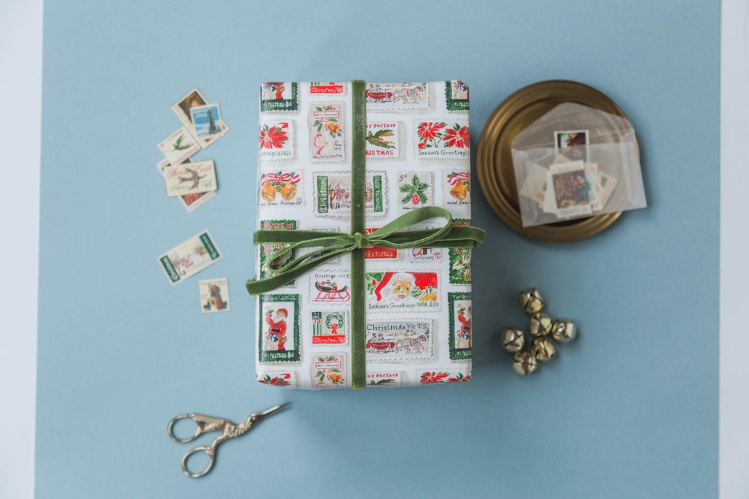 Christmas Wrapping Paper - Postage Stamps, Holiday Stamp Giftwrap ...