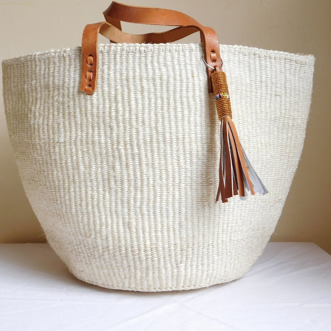 WHITE Handmade Sisal Tote Bag With a Brown Tassel. - Etsy UK