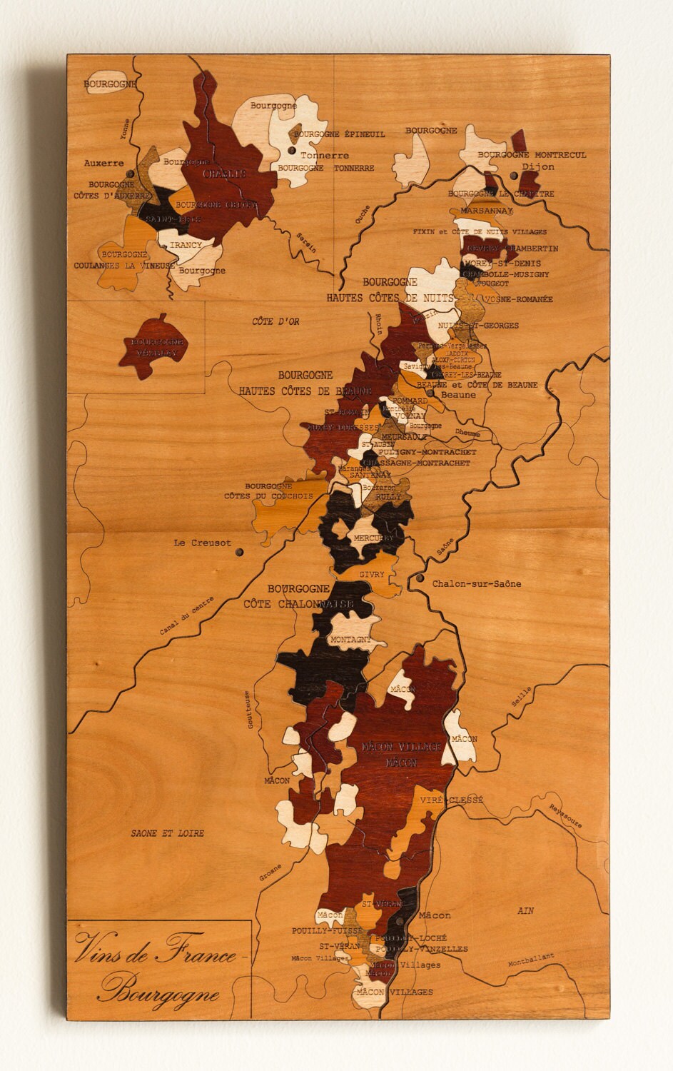 Wine Map, BOURGOGNE Wines, Natural Wood, MARQUETERY, Gift Idea ...