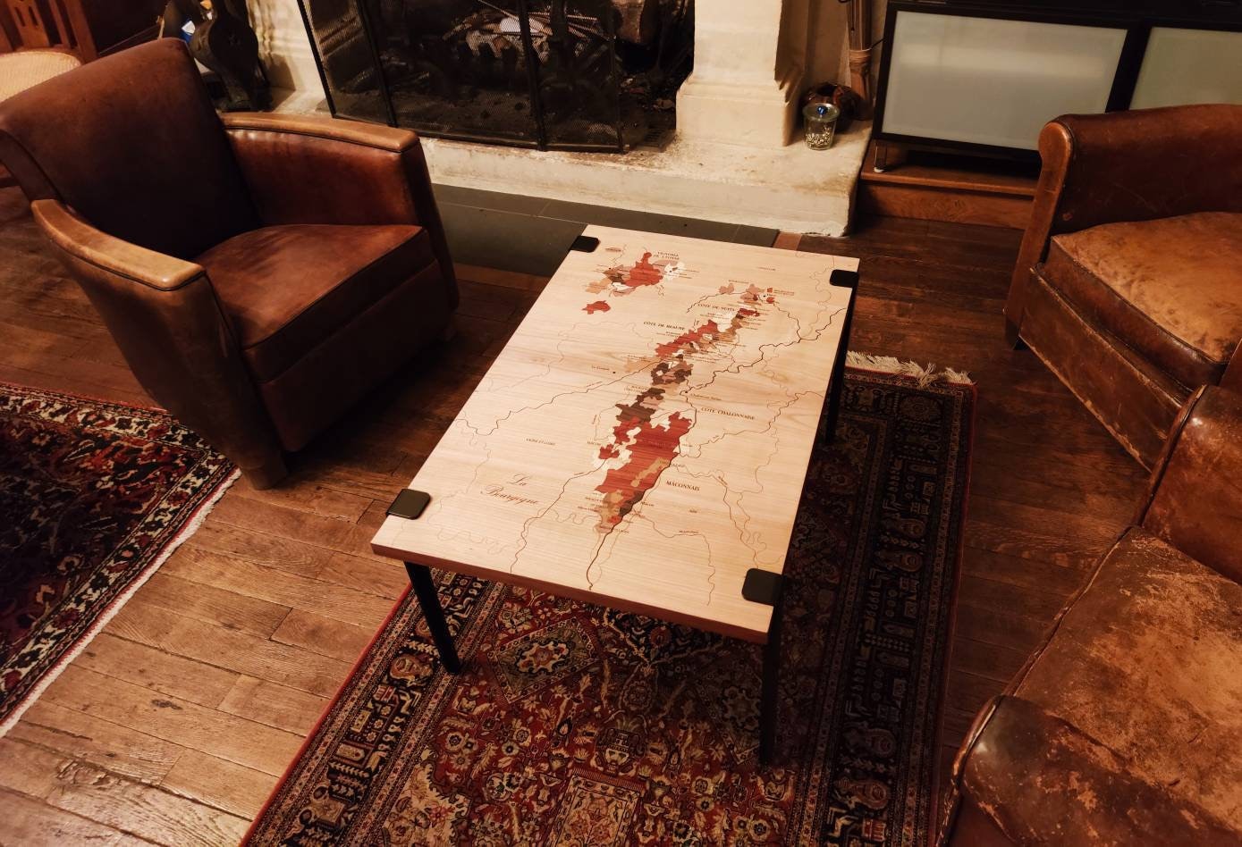 Reversible COFFEE TABLE; Wine Map; BURGUNDY Wines; Natural Wood ...