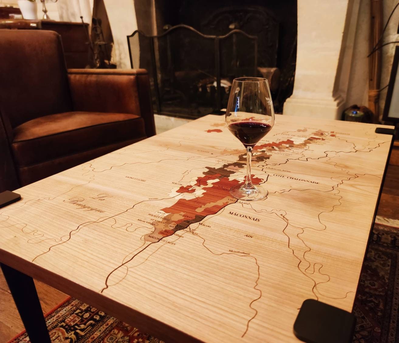 Reversible COFFEE TABLE; Wine Map; BURGUNDY Wines; Natural Wood ...