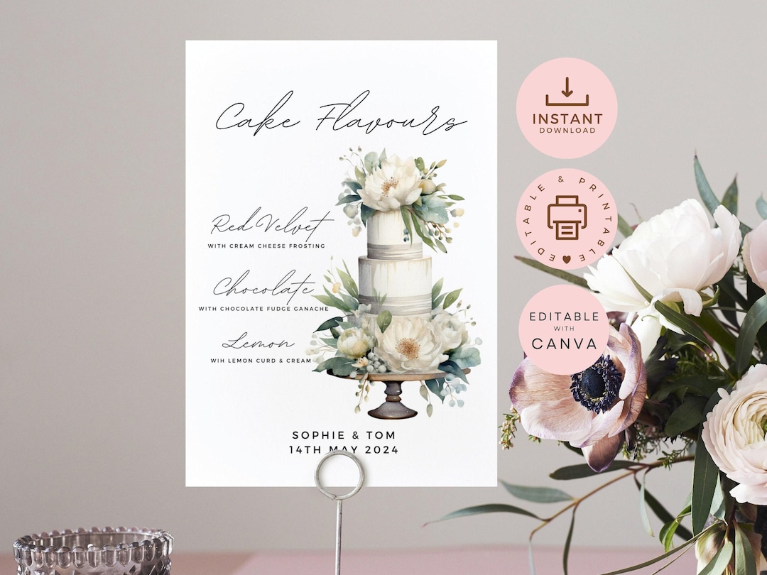 Wedding Cake Menu Printable, Cake Flavours Sign, Editable Canva ...