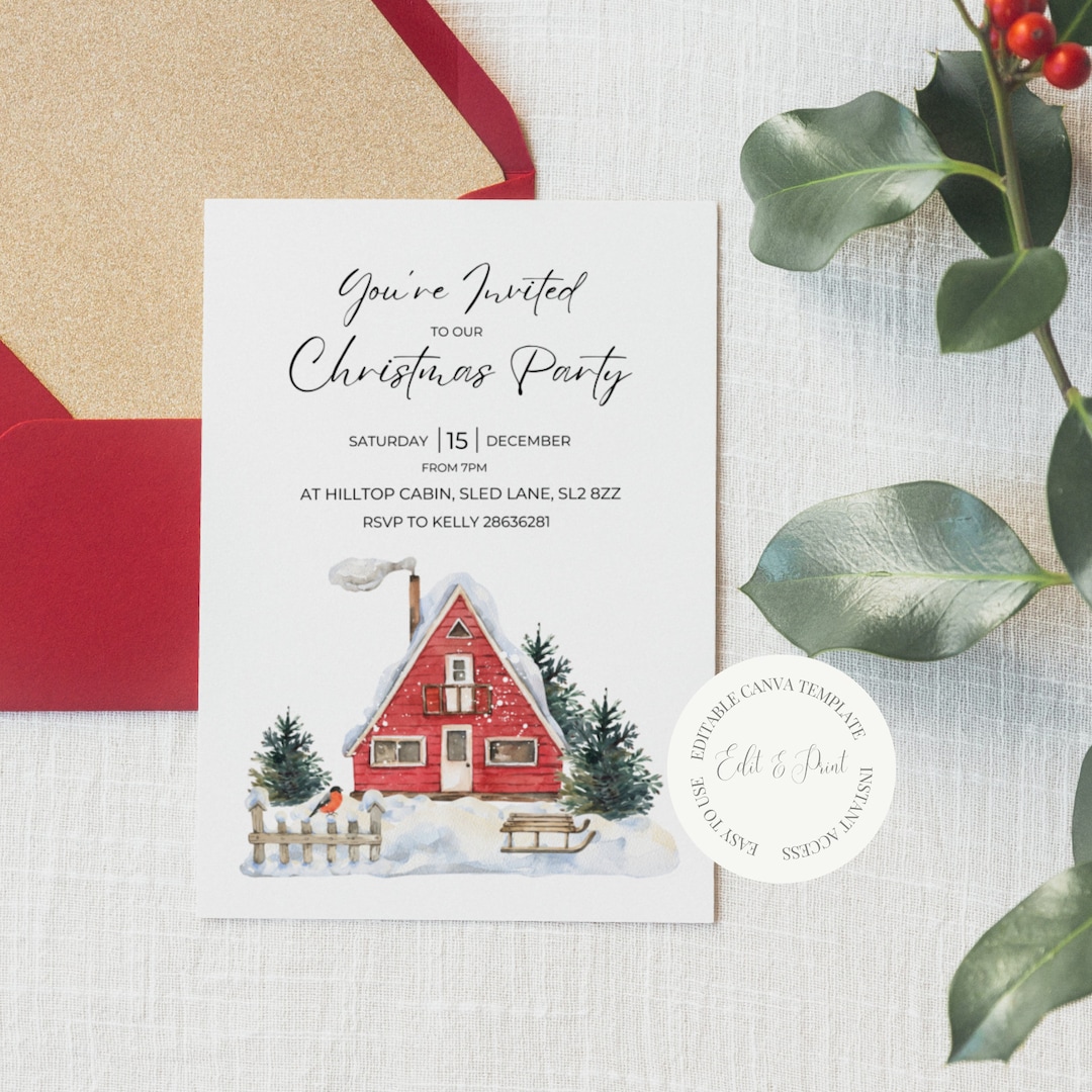 Christmas Party Invite Printable, Watercolour Cabin Christmas Party ...