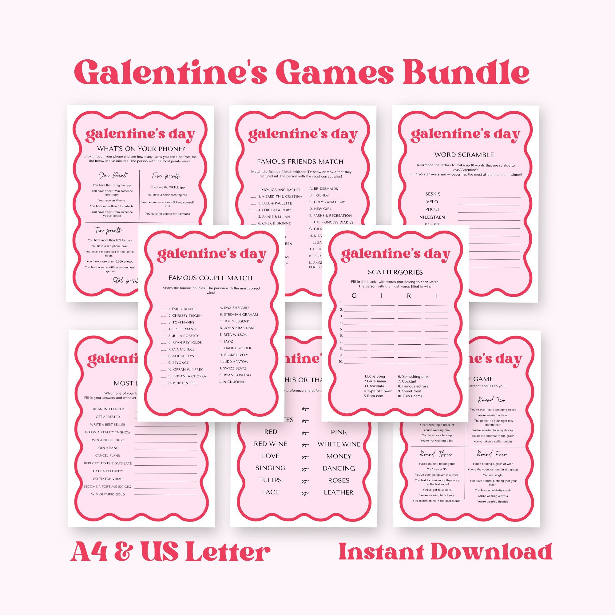Galentine's Day Games Bundle, Printable Galentines Day Games, Girl ...