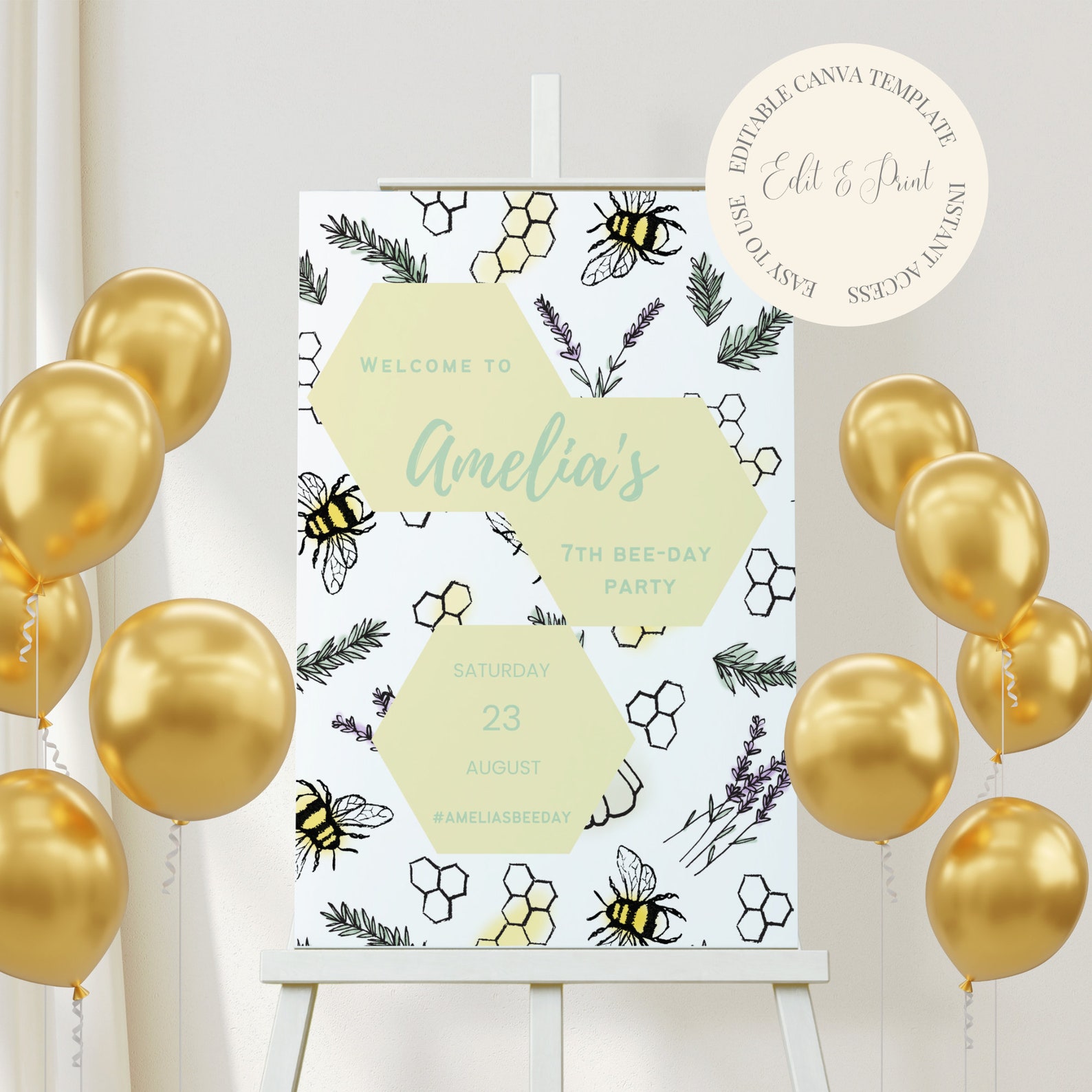 7th Birthday Welcome Sign, Happy Bee Day, 24x36, 18x24, Printable 7th ...