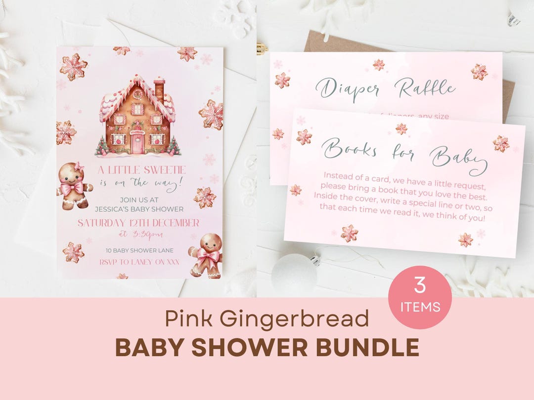 Pink Gingerbread Baby Shower Bundle, Editable Canva Template Invitation ...