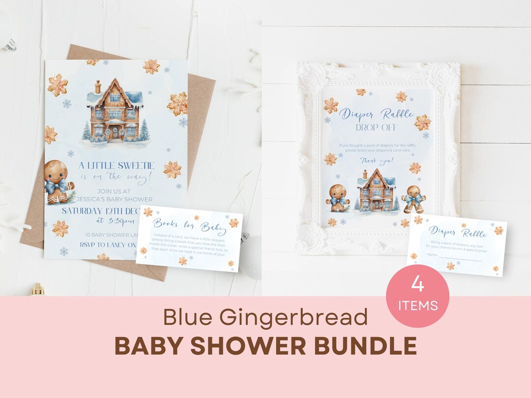 Blue Gingerbread Baby Shower Bundle, Editable Canva Template Invitation ...