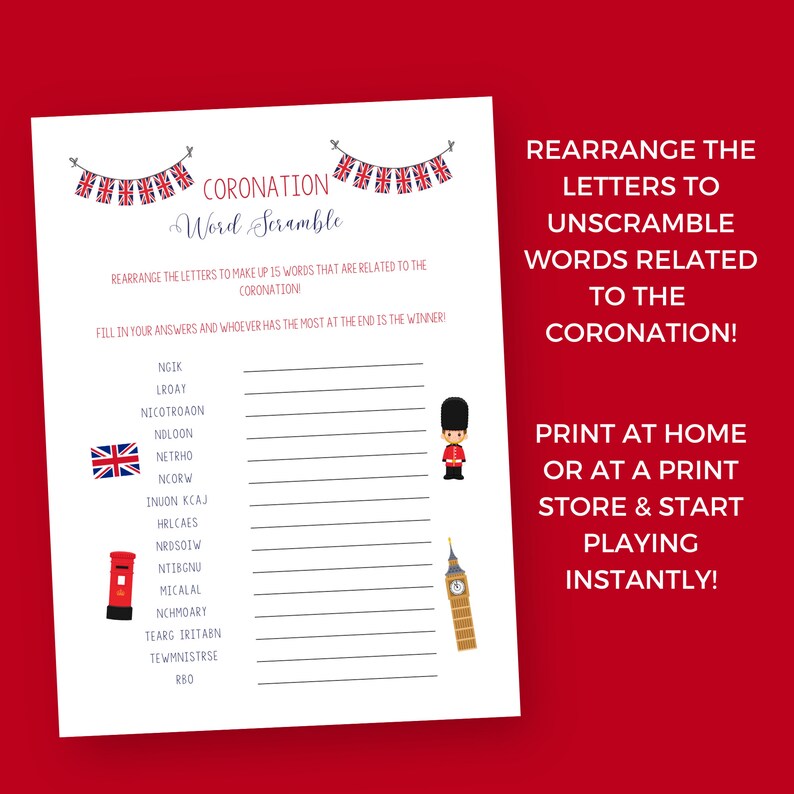 Coronation Game Printable Word Scramble King Charles III - Etsy