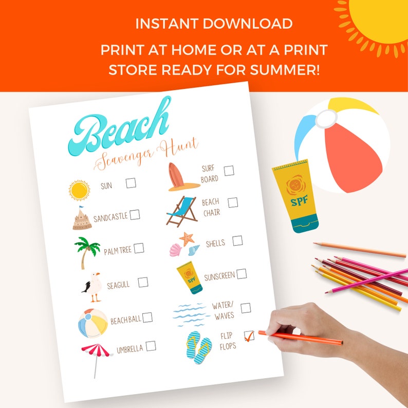 Beach Scavenger Hunt Printable, Summer Activity for Kids Printable ...