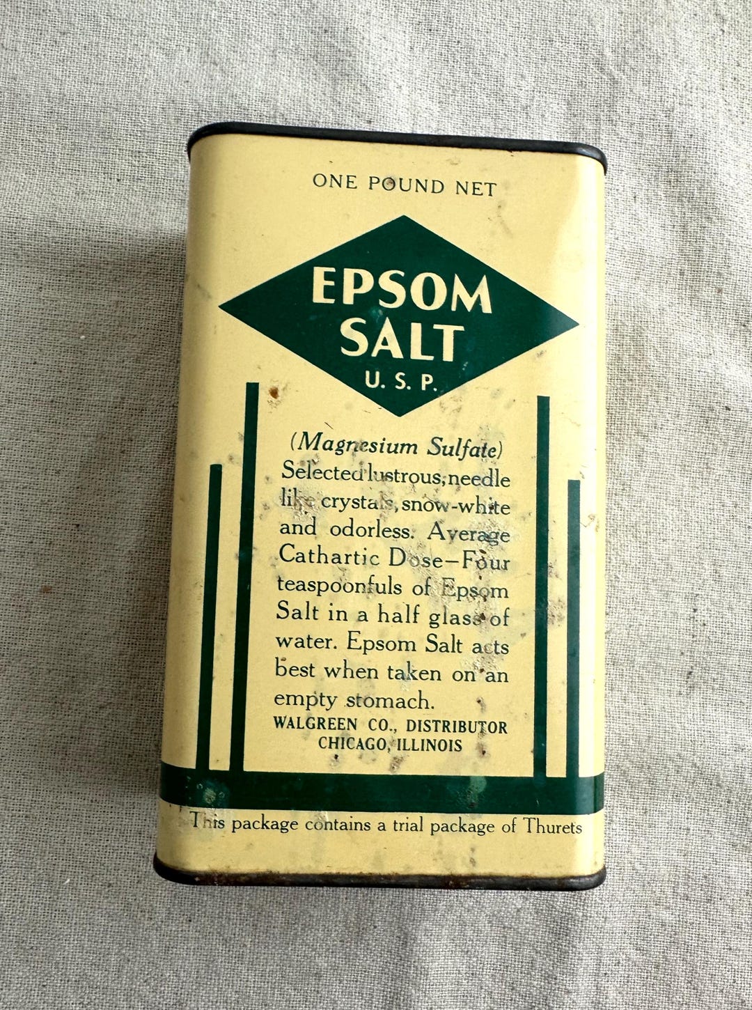 Vintage Epsom Salt Tin, 5 3/8" Tall X 3" Wide X 2" Thick, Yellow With ...