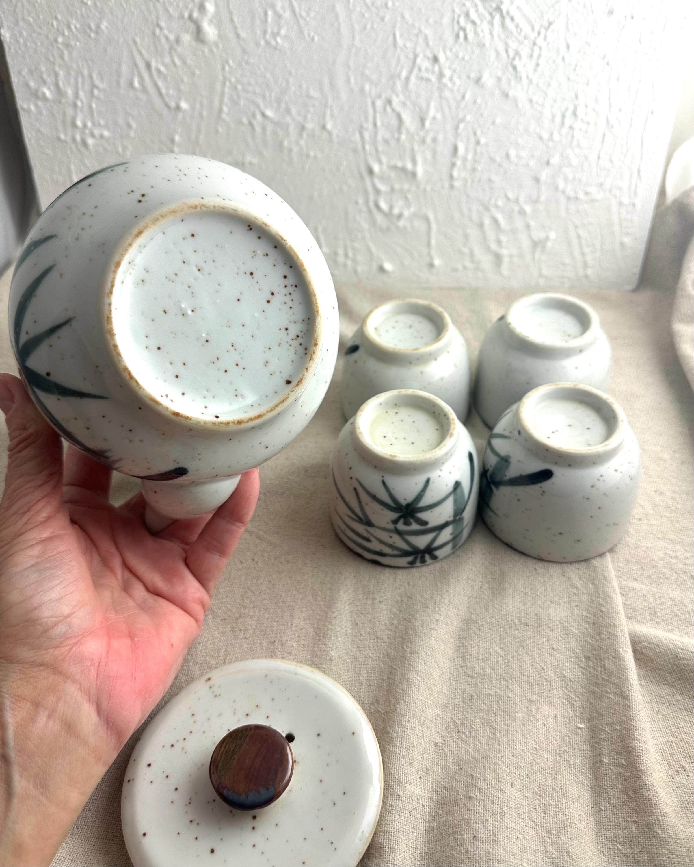 Vintage Teapot With Matching Cups, Ceramic, Bamboo Design, White With ...