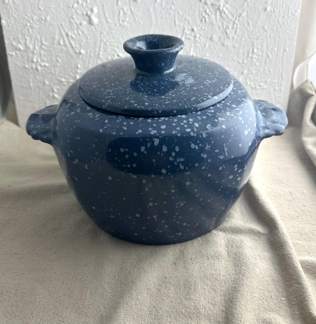 Frankoma 5W Bean Pot With Lid, Navy Blue With White Speckles, Mid ...