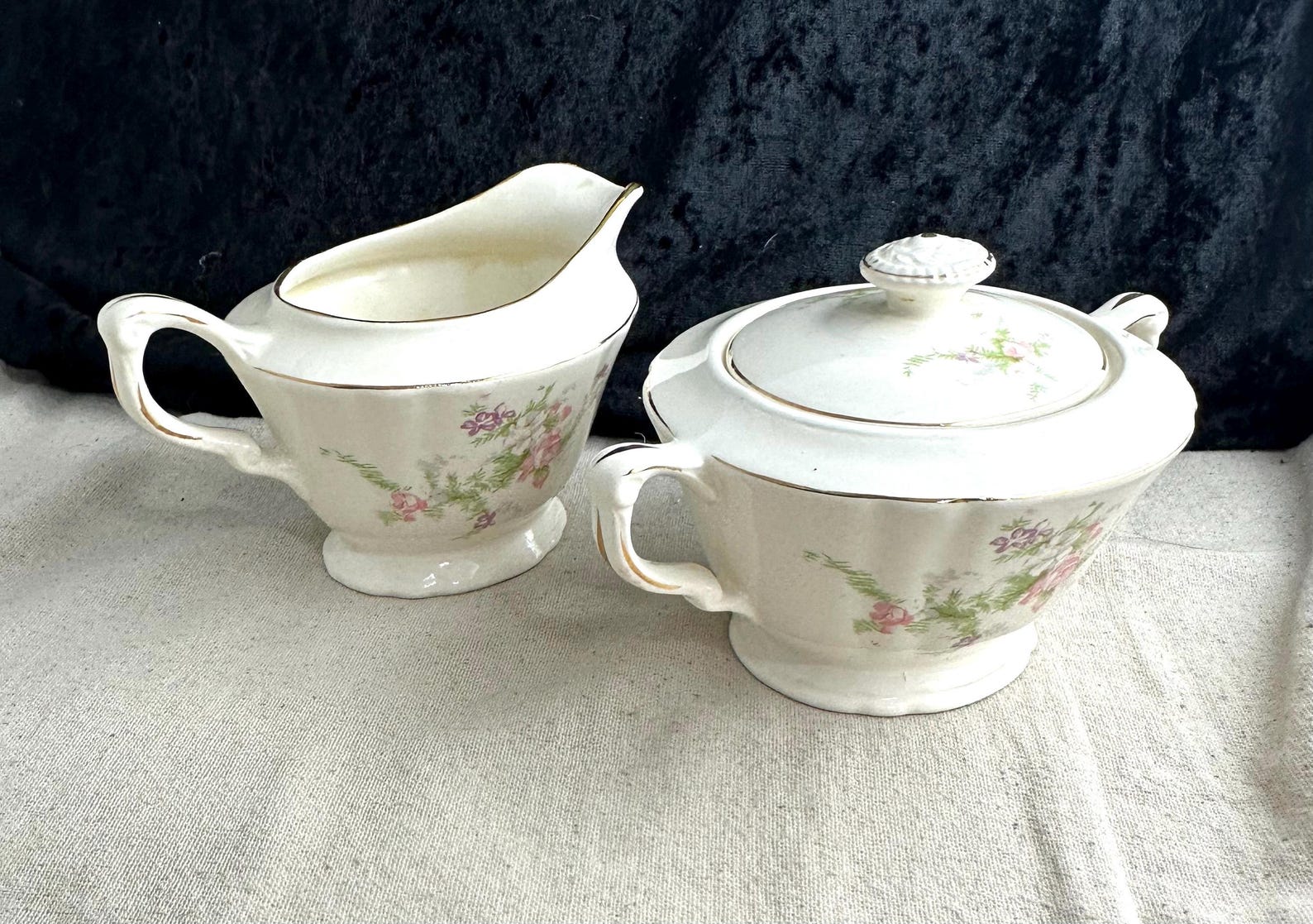 Crown Potteries Creamer and Lidded Sugar Bowl, Pattern 9107, Pink and ...