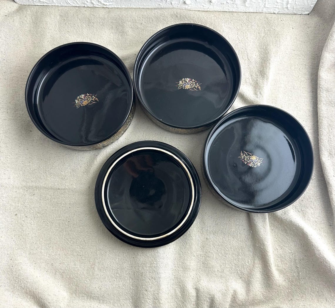 Imperial Kiku Vintage Triple Layer Bento Box, Black With Gold, Floral ...