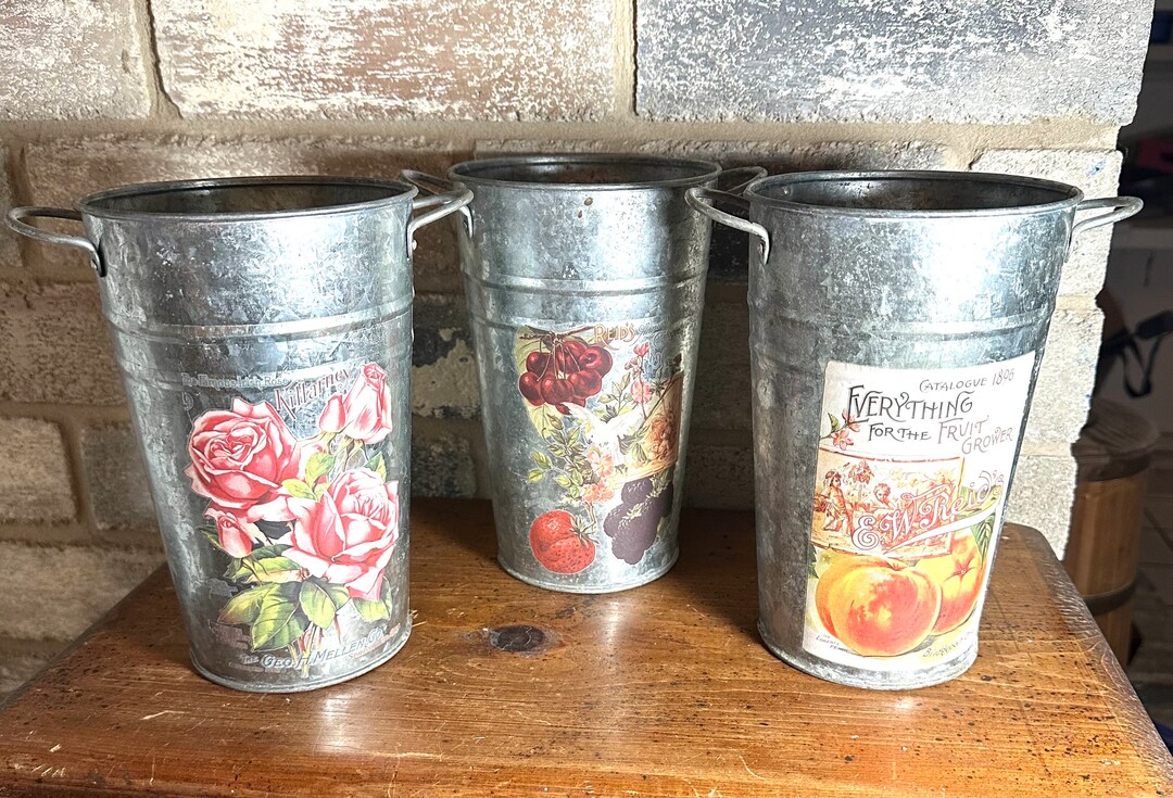 Trio of Mini French Flower Buckets With Transfers, 8 Tall, 5 Diameter ...