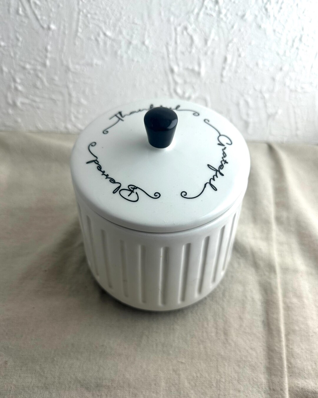 Robert Stanley Canister, "blessed Thankful Grateful" Lid, White Ceramic ...