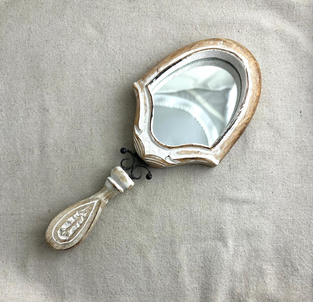 Decorative Hand Mirror, White Washed Wood and Metal, 11" Long X 4 3/4 ...