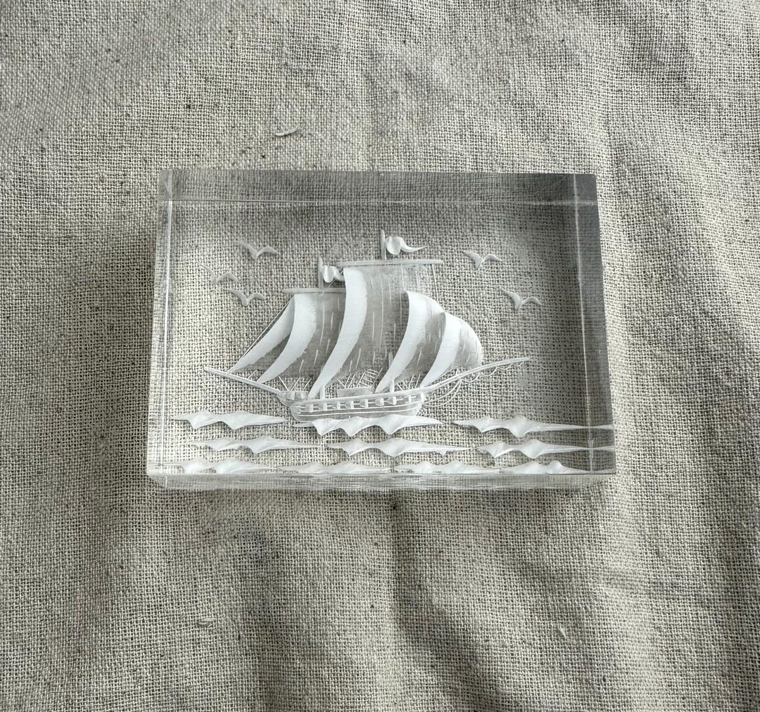 Lucite Paperweight With Reverse Carved Ship Design - Etsy