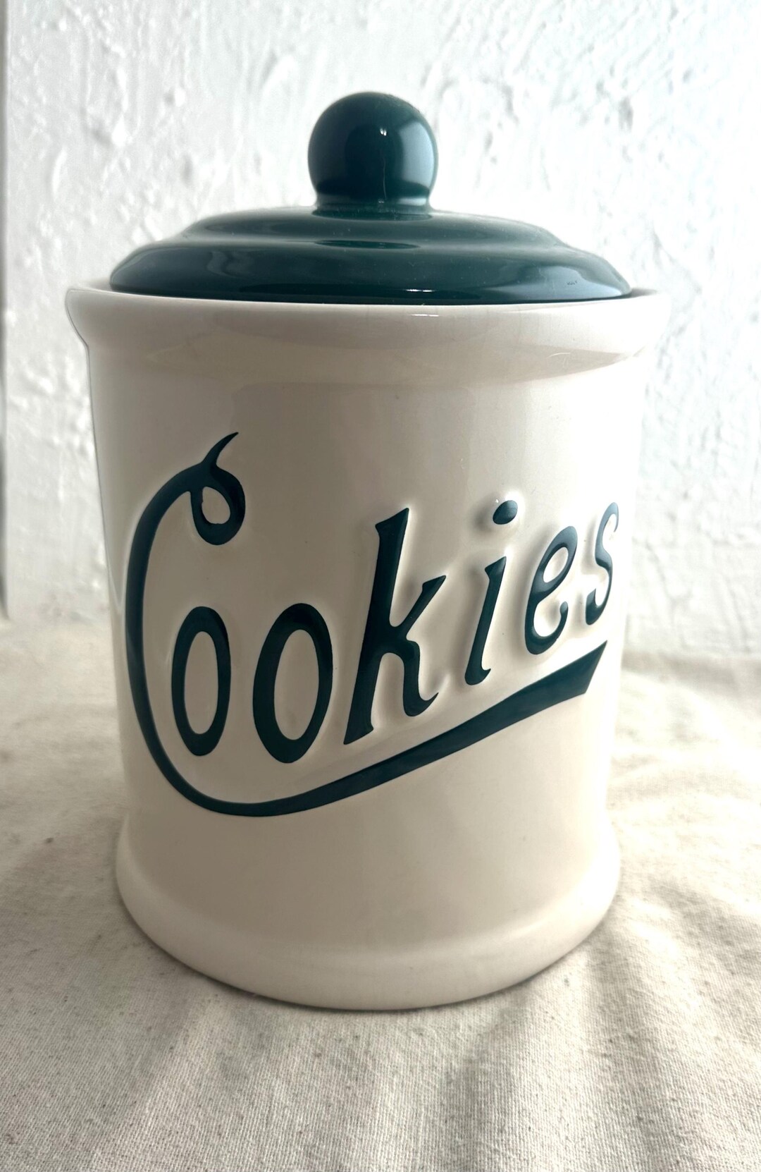 Cookie Jar, 7" Tall X 6" Diameter, Creamy Beige With Green Lid and ...
