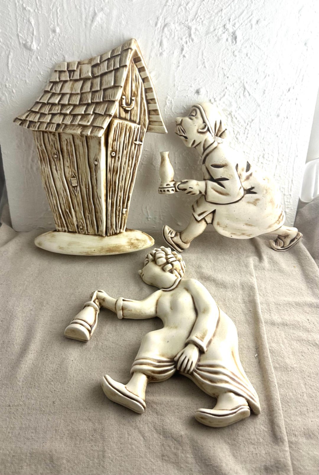 Arnel's Race to the Outhouse Ceramic Trio, Wall Art, Beige Tone on Tone ...