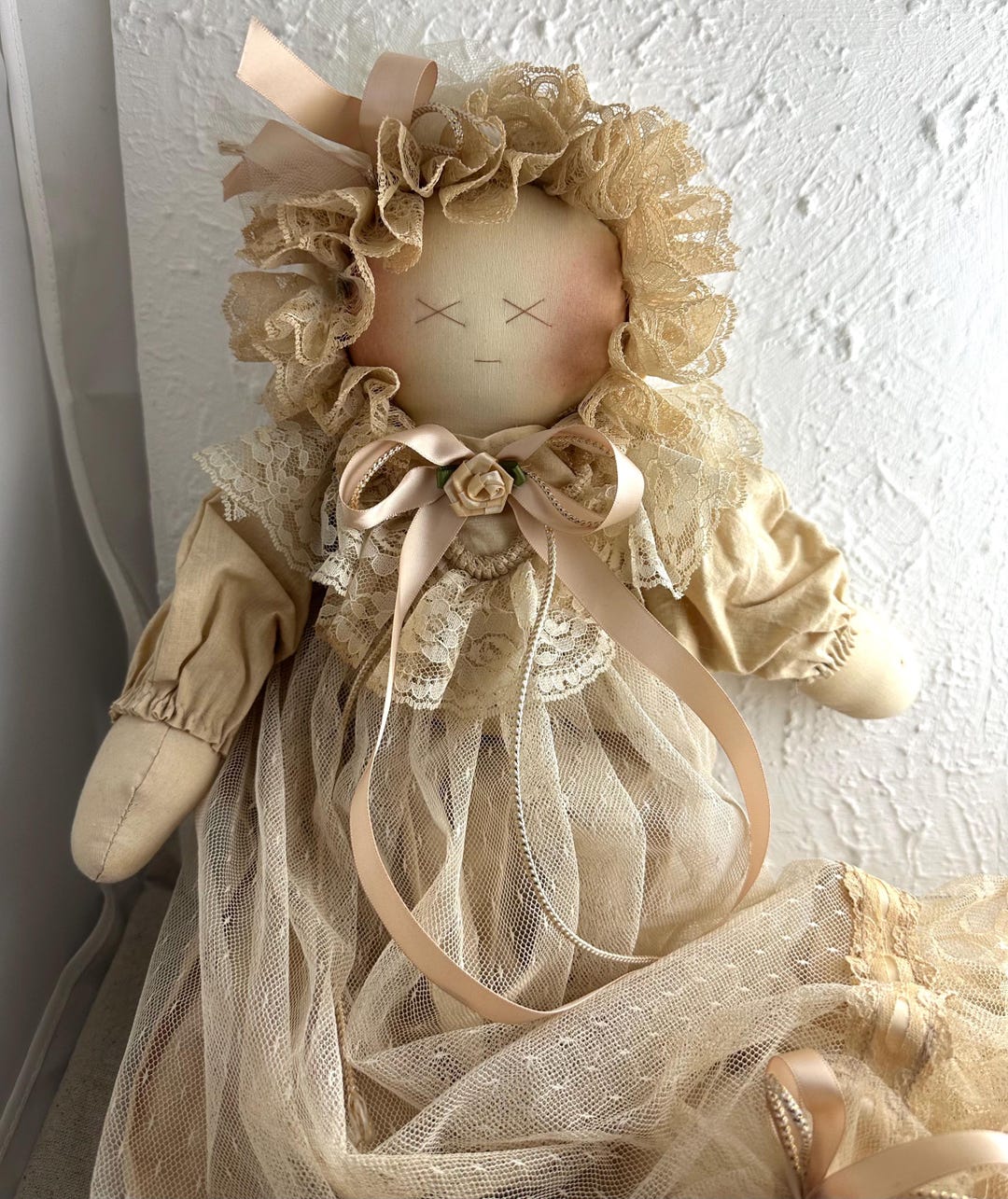 Vintage Cloth and Lace Tea Stained Doll, 35" Long, Folk Art, Long Lace ...