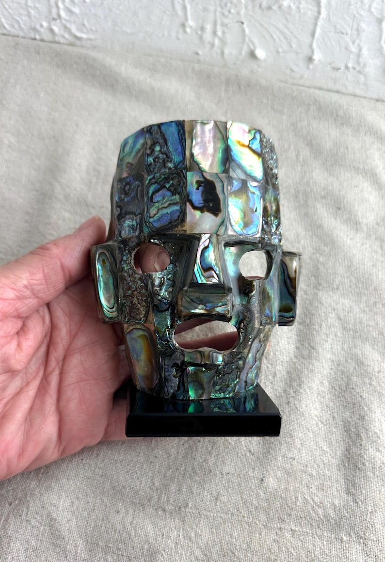 Abalone Mosaic Shell Mask Figurine, 4 3/4" Tall X 3 1/2" Wide, Mexico ...