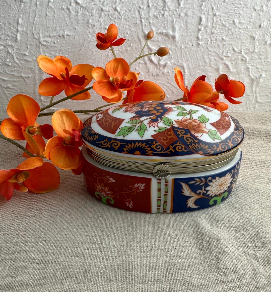 Trinket Box, Asian Dragon Theme, White Ceramic With Red, Blue, and ...