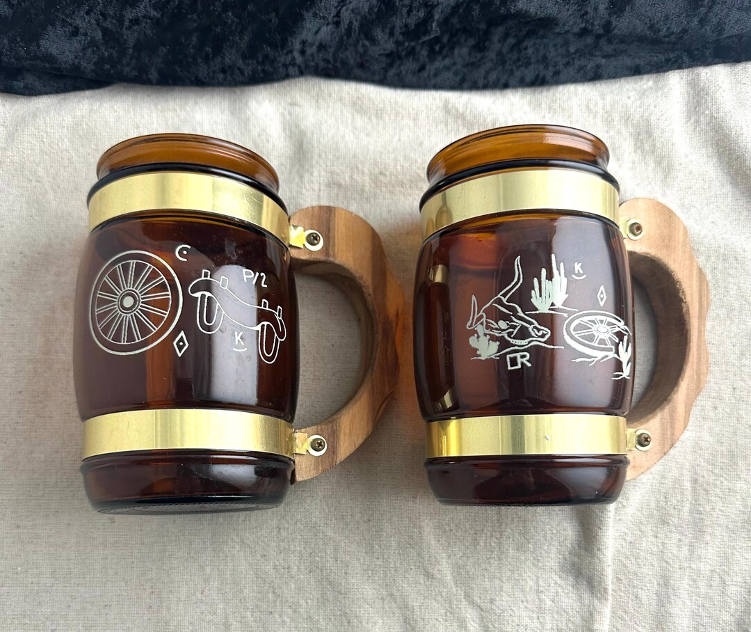 Siesta Ware Wooden Handle Glass Mug Pair, 5" Tall X 2 1/2" Diameter ...