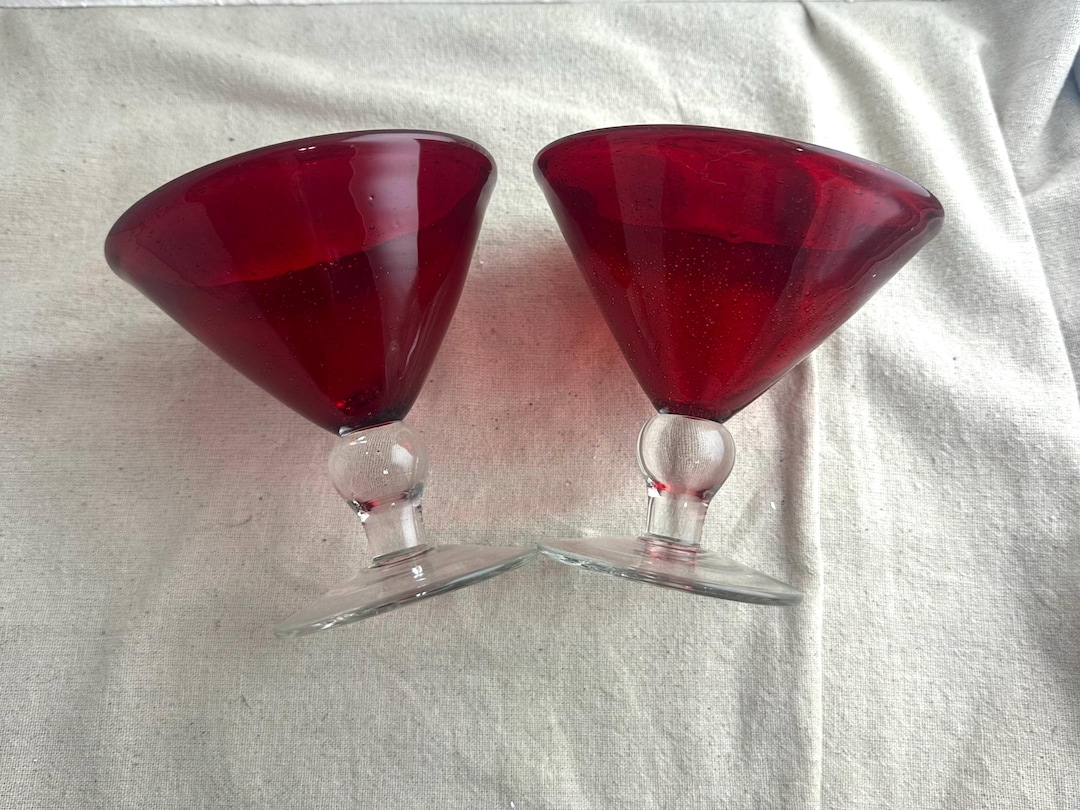 Hand Blown Red Martini Glasses With Applied Clear Stems, Set of 2 - Etsy