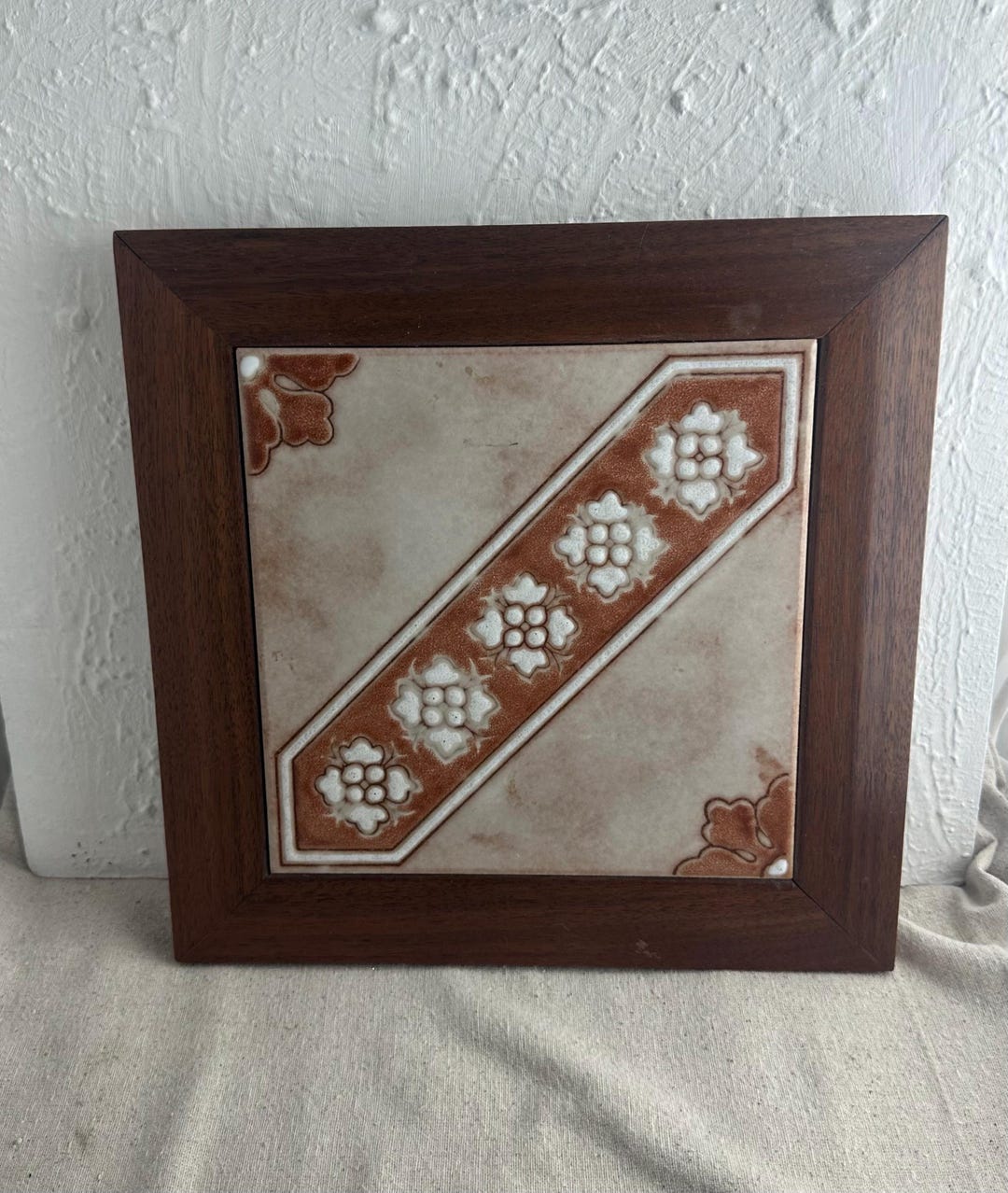 Vintage Trivet, Ceramic Tile Set in Wood Frame, 11" Square, Brown Wood ...