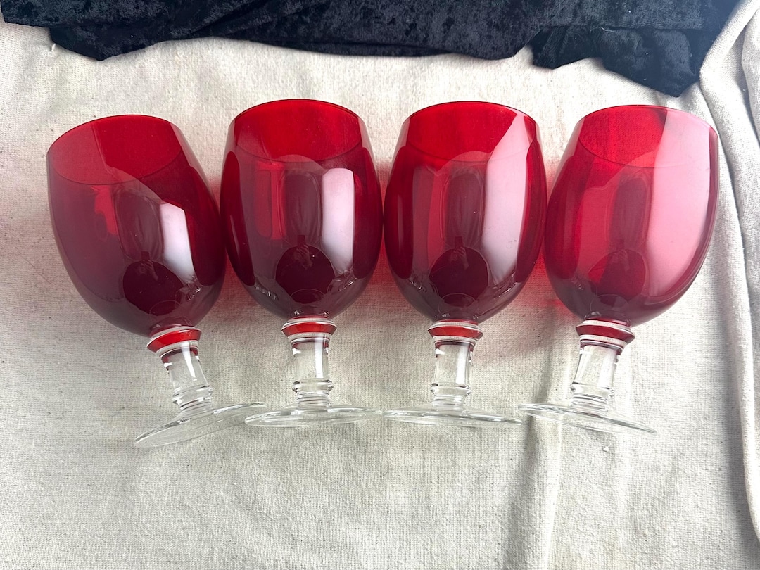 Ruby Red Water Glasses With Clear Applied Stems, Set of 4, 6" Tall, 2 7 ...