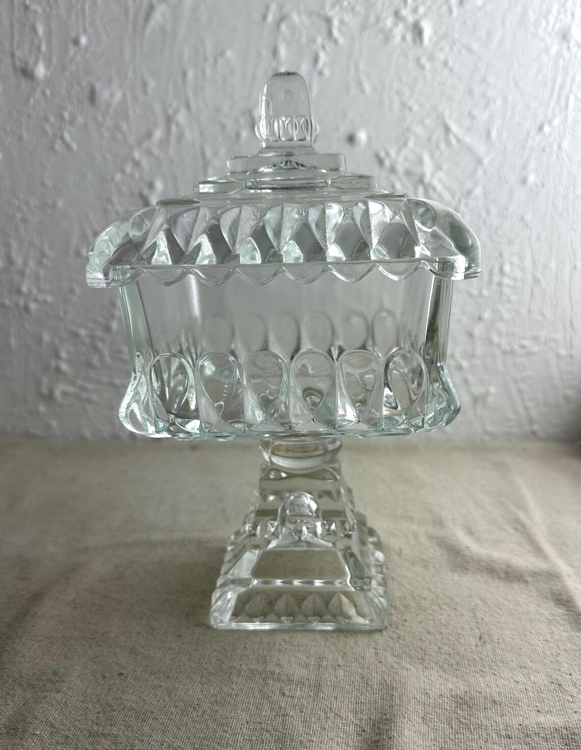 Jeanette Glass Wedding Jar, Lidded Candy Dish, Clear Pressed Glass, 8 ...