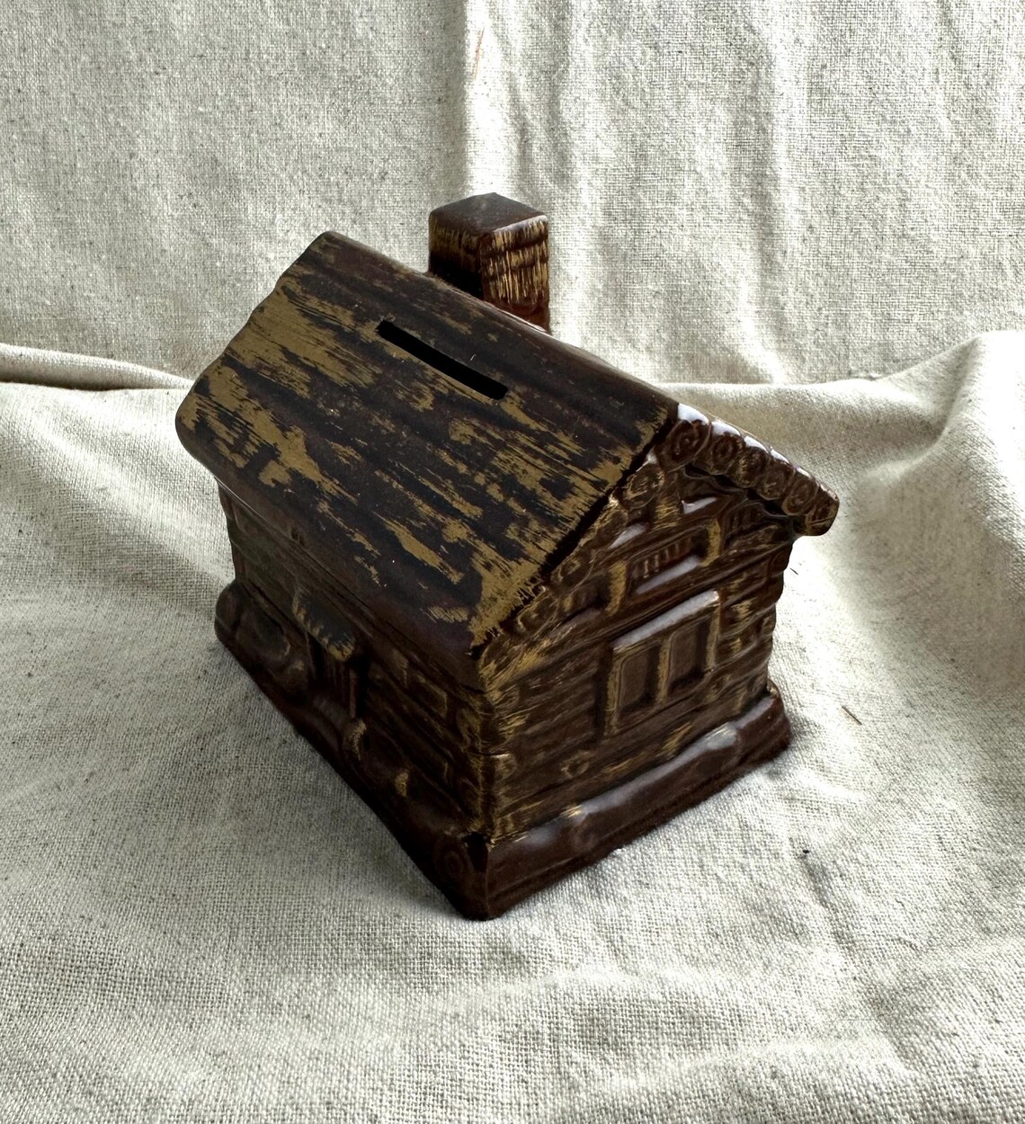 Vintage Ceramic Log Cabin Coin Bank, 3 3/8" Tall, 4" X 3", Brown Glaze ...