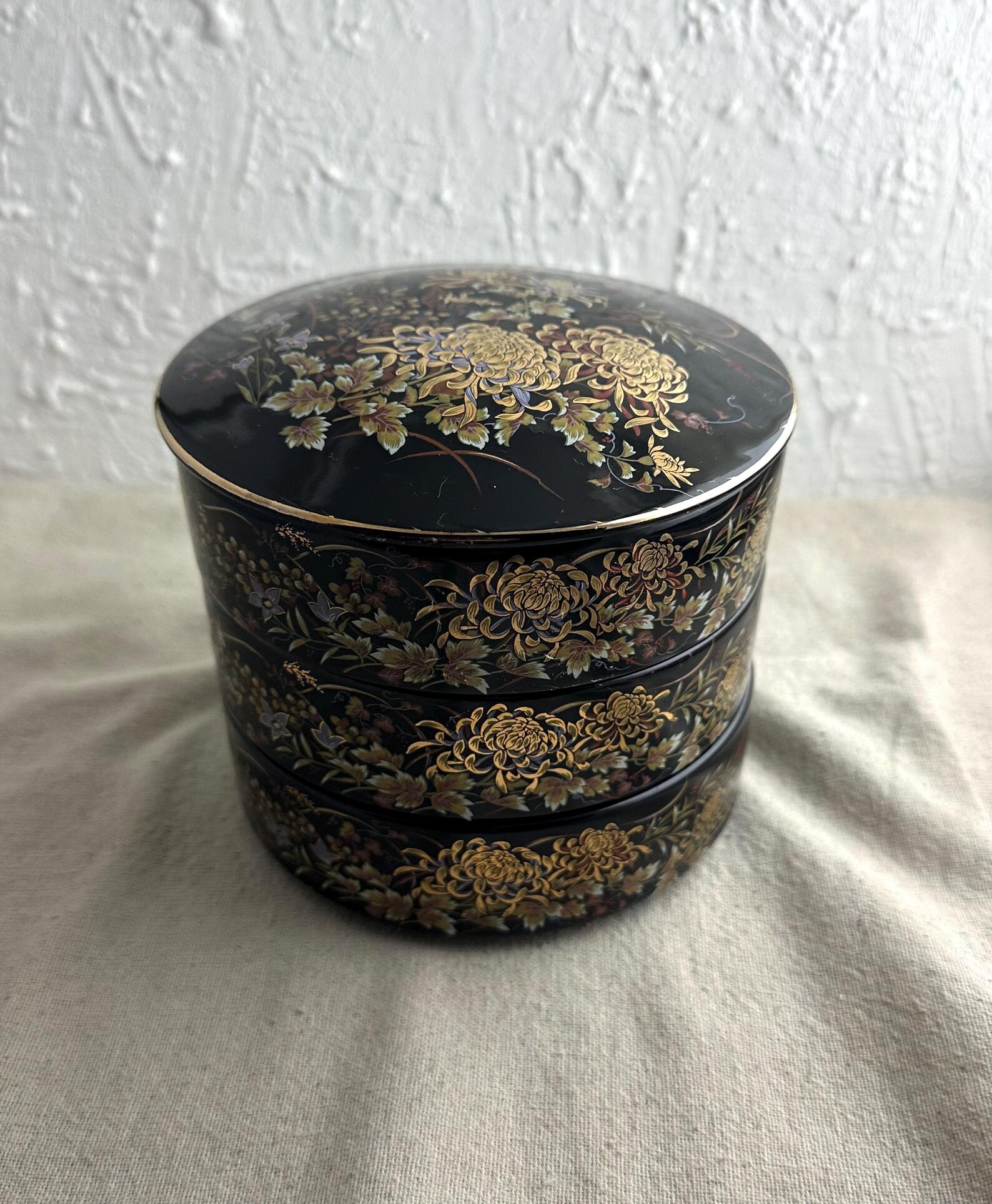 Imperial Kiku Vintage Triple Layer Bento Box, Black With Gold, Floral ...