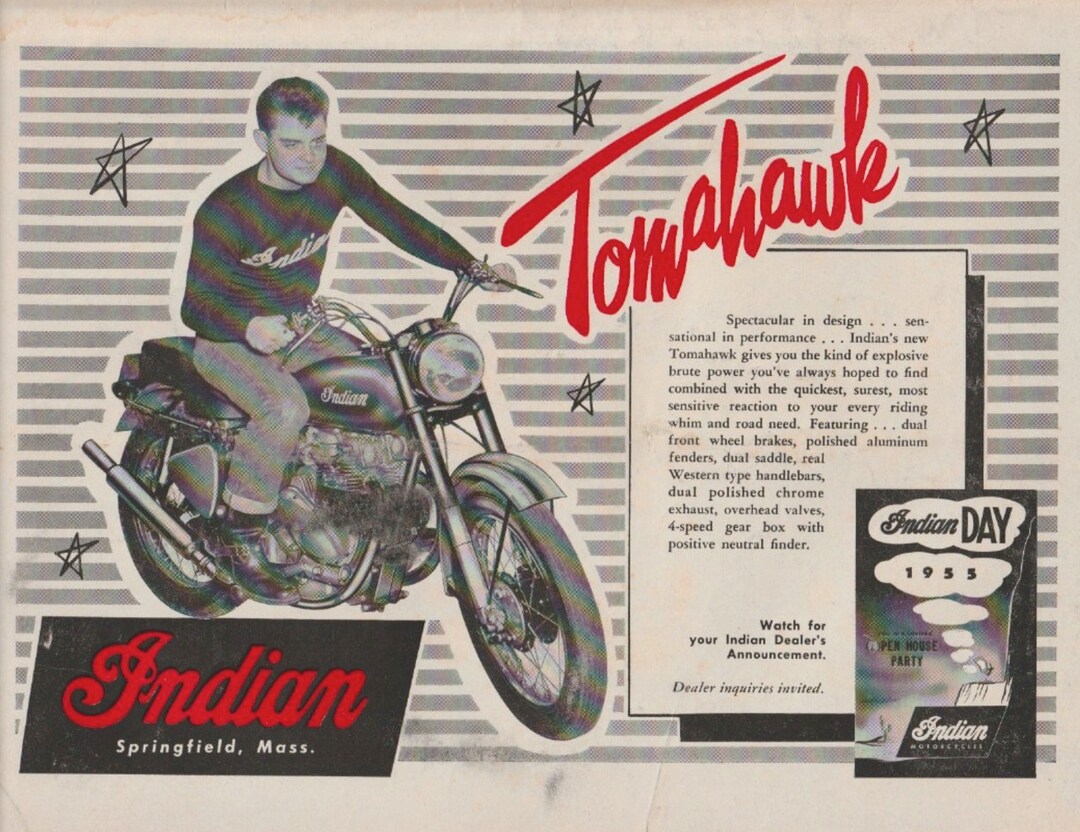 Original Antique INDIAN Tomahawk Motorcycle 1955 Advertisement - Etsy