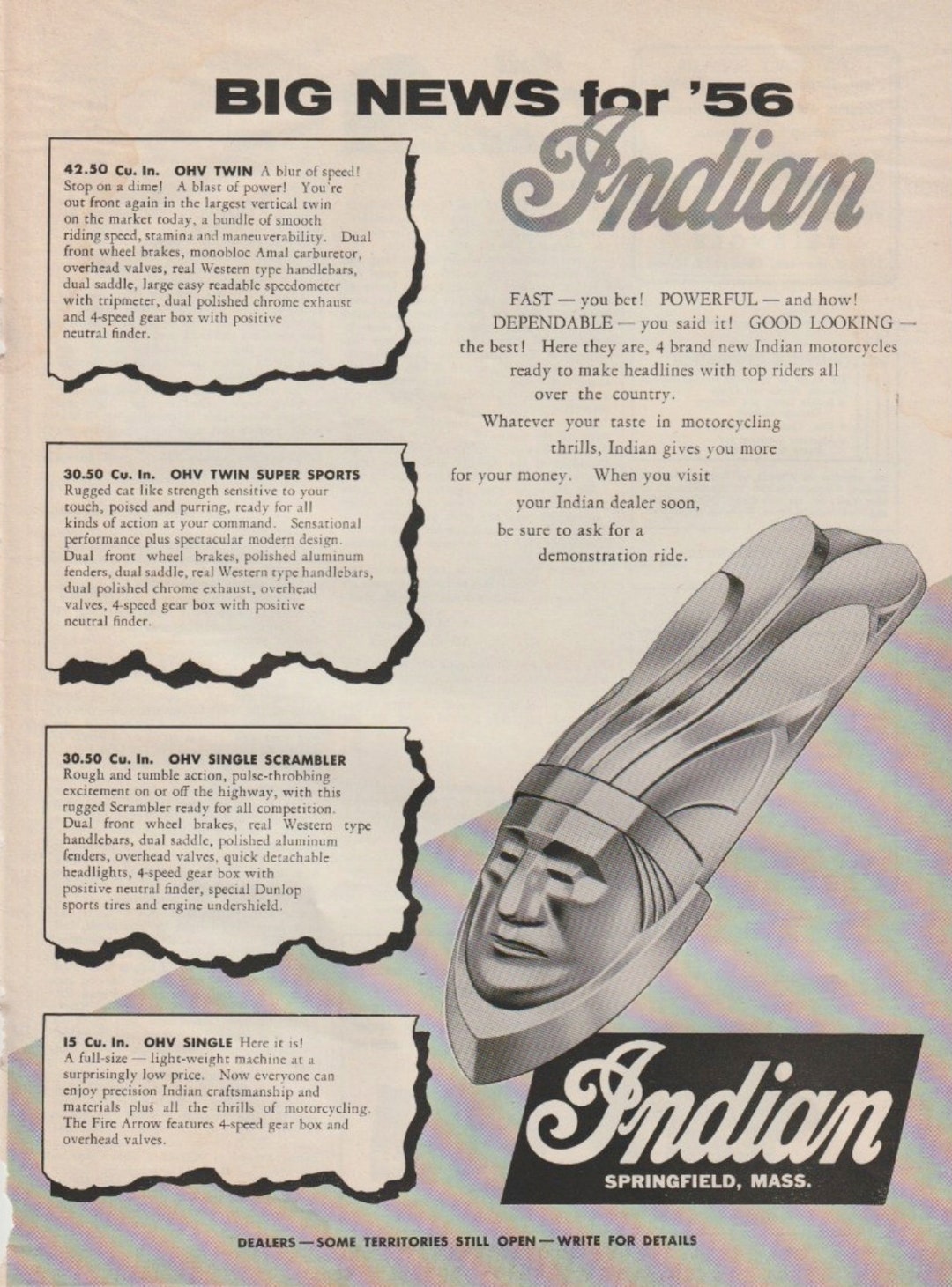 Original 1956 Vintage INDIAN Motorcycle Advertisement - Etsy