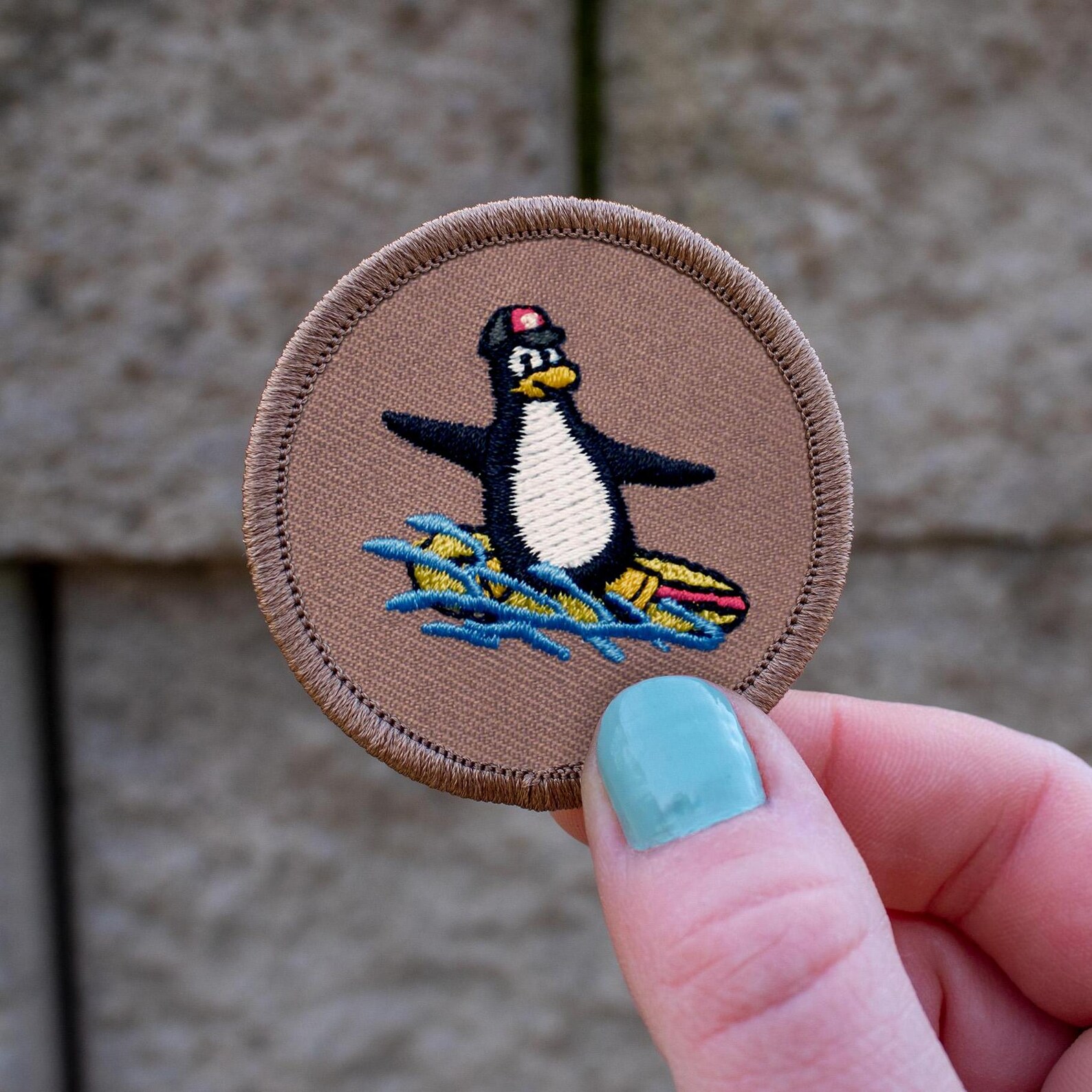 Surfing Penguin Patch (065) – 2 Inch Diameter Embroidered Patch - Etsy