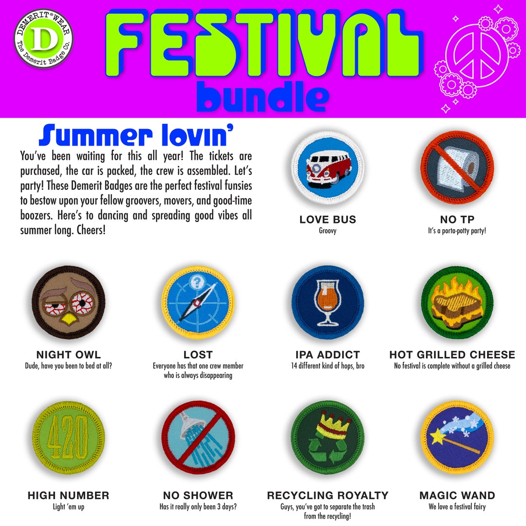 Demerit Badge Festival Bundle - Spoof Merit Badges for Music Festivals ...