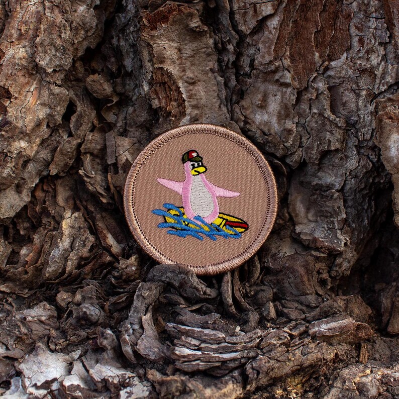 Pink Surfing Penguin (065B) Patch - 2 Inch Diameter Embroidered Patch ...