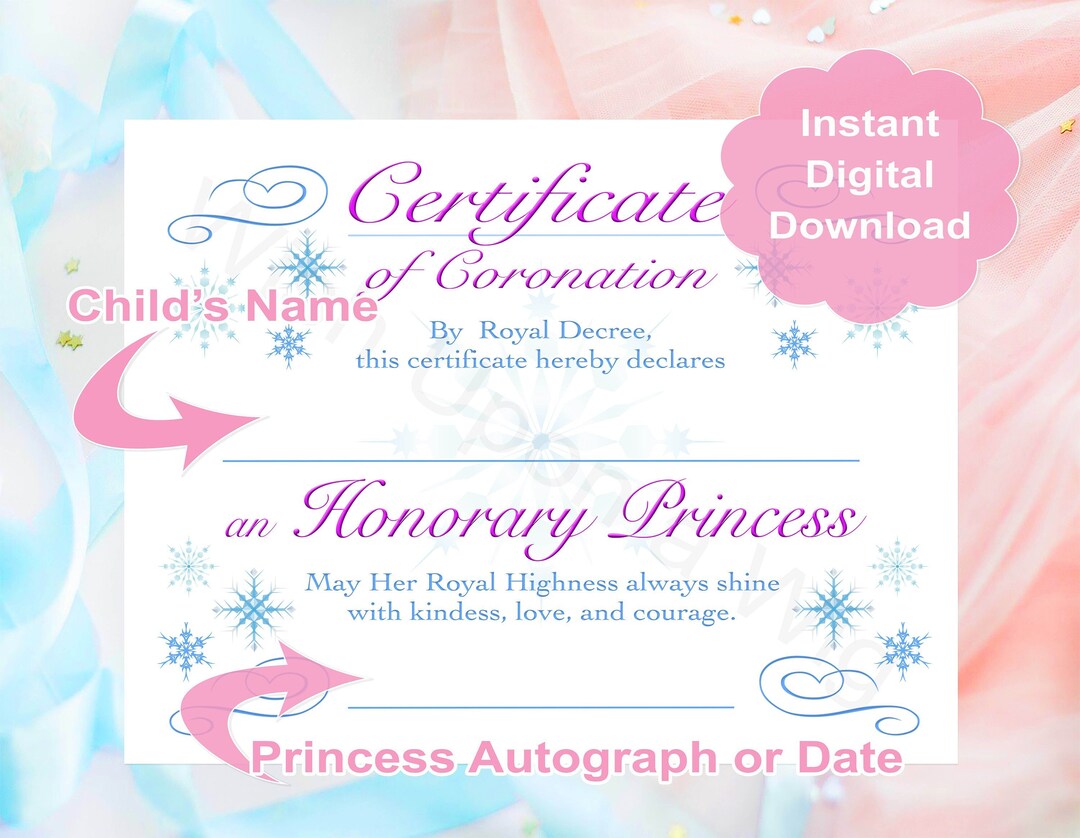 INSTANT DOWNLOAD Princess Coronation Certificate Party Favor Child's ...