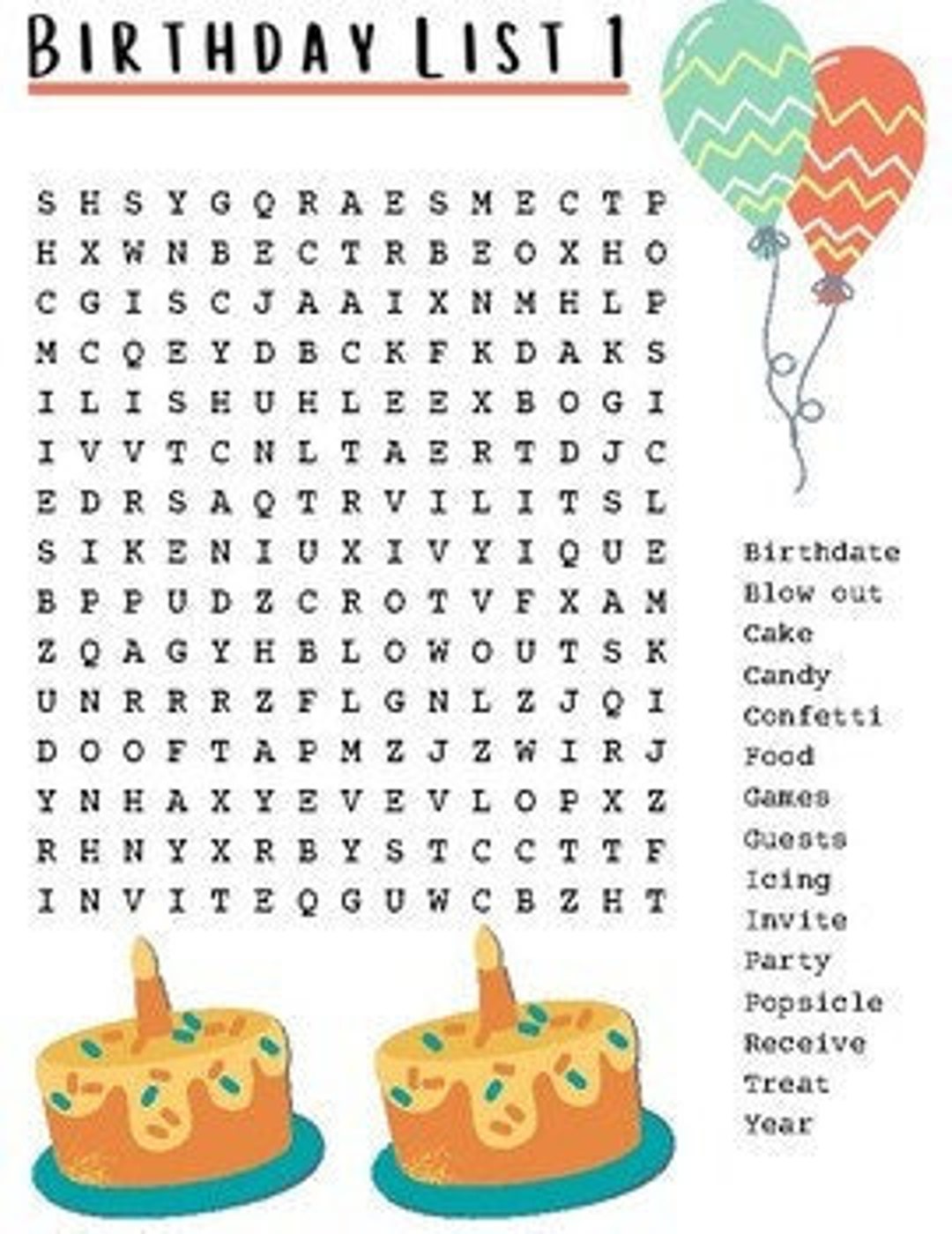 Birthday Word Search, Birthday Activity, Printable Activity, Printable ...