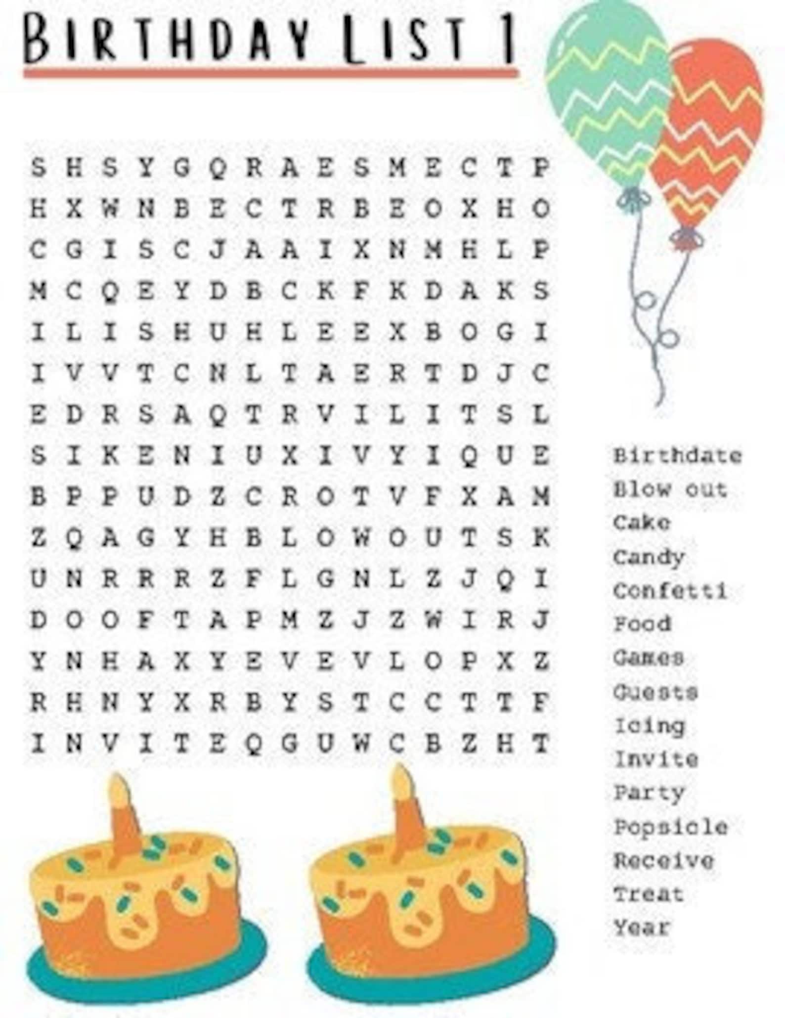 Birthday Word Search, Birthday Activity, Printable Activity, Printable ...