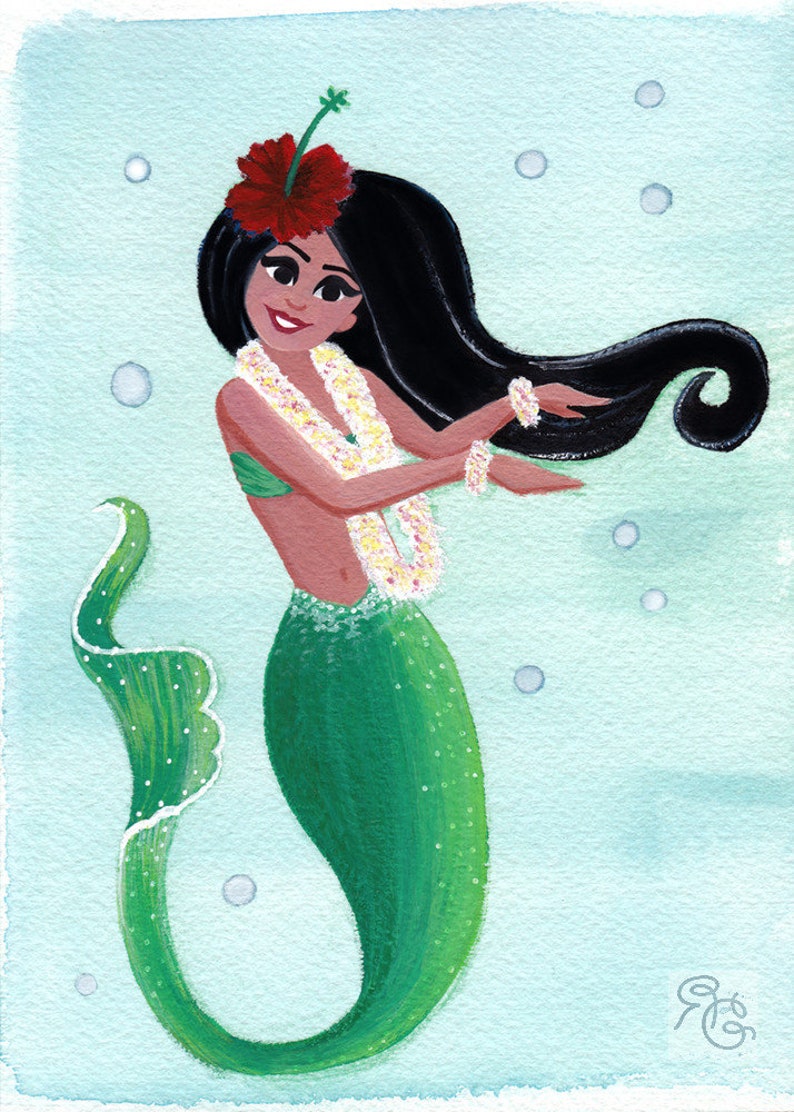 Hula Mermaid Art Print Bright Green Underwater Illustration | Etsy