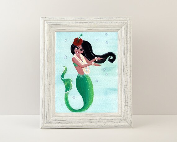 Hula Mermaid Art Print Bright Green Underwater Illustration | Etsy